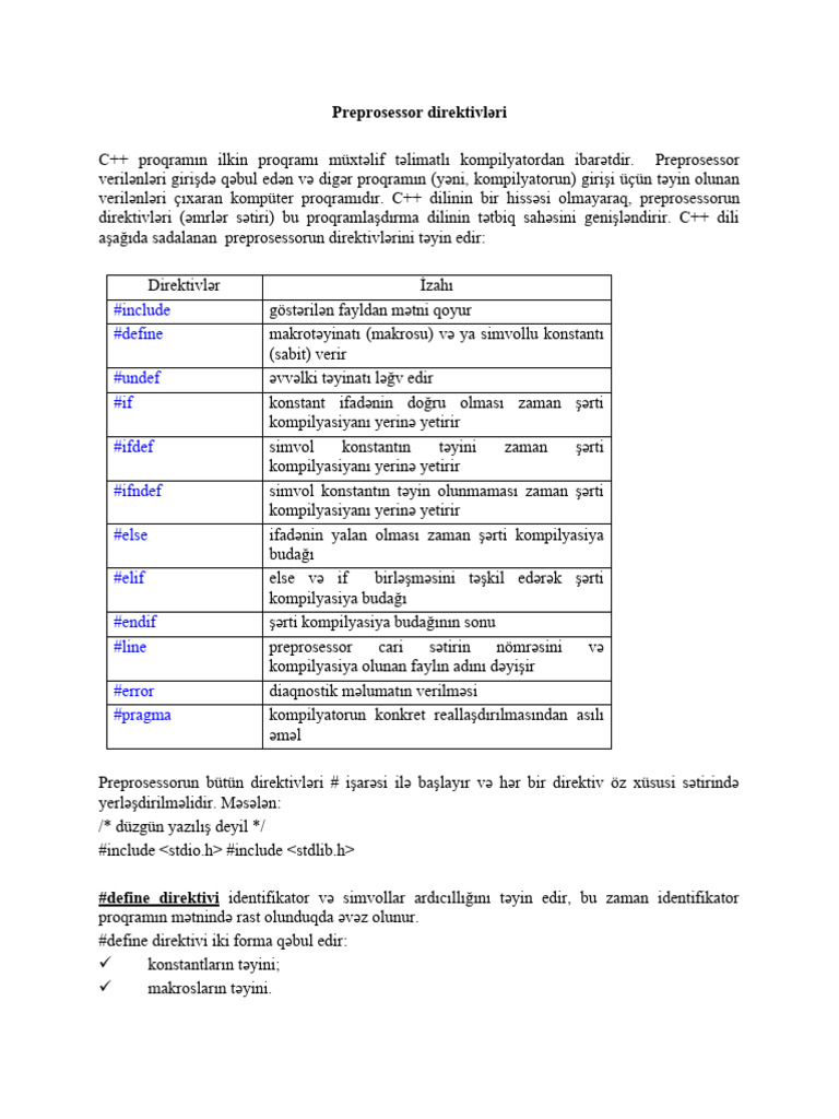 Preprosessor Direktivləri: #Include #Define #Undef #If #Ifdef #Ifndef #Else #Elif #Endif #Line # ...