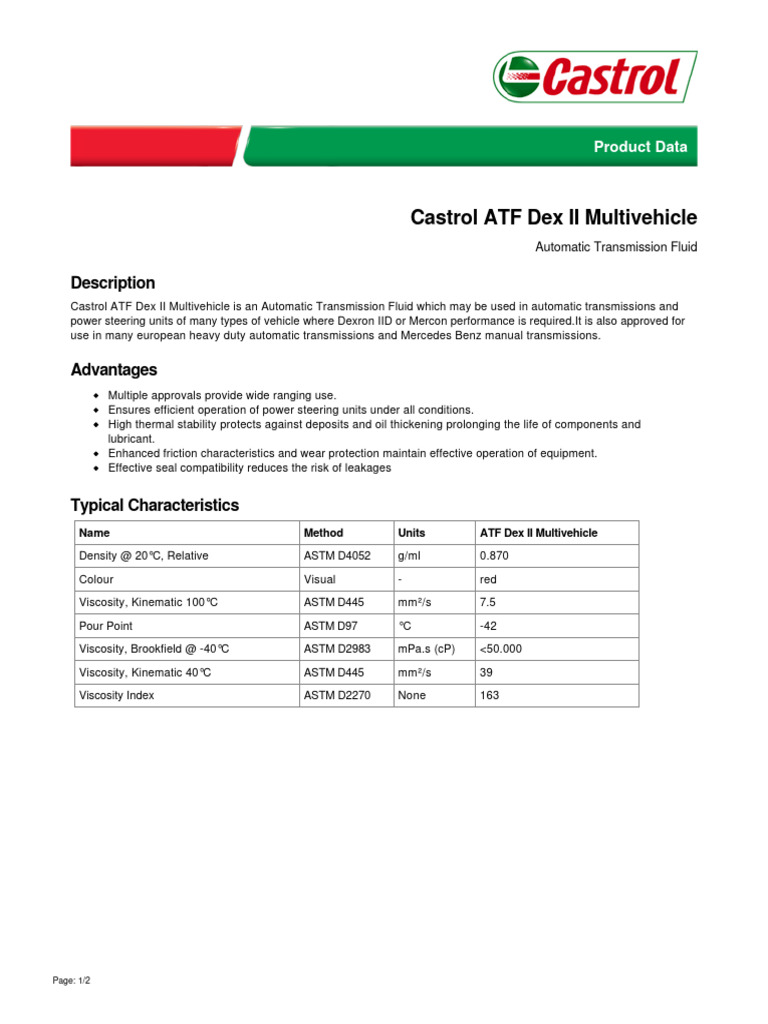 Castrol Atf Dex Ii Multivehicle | PDF | Soft Matter | Liquids