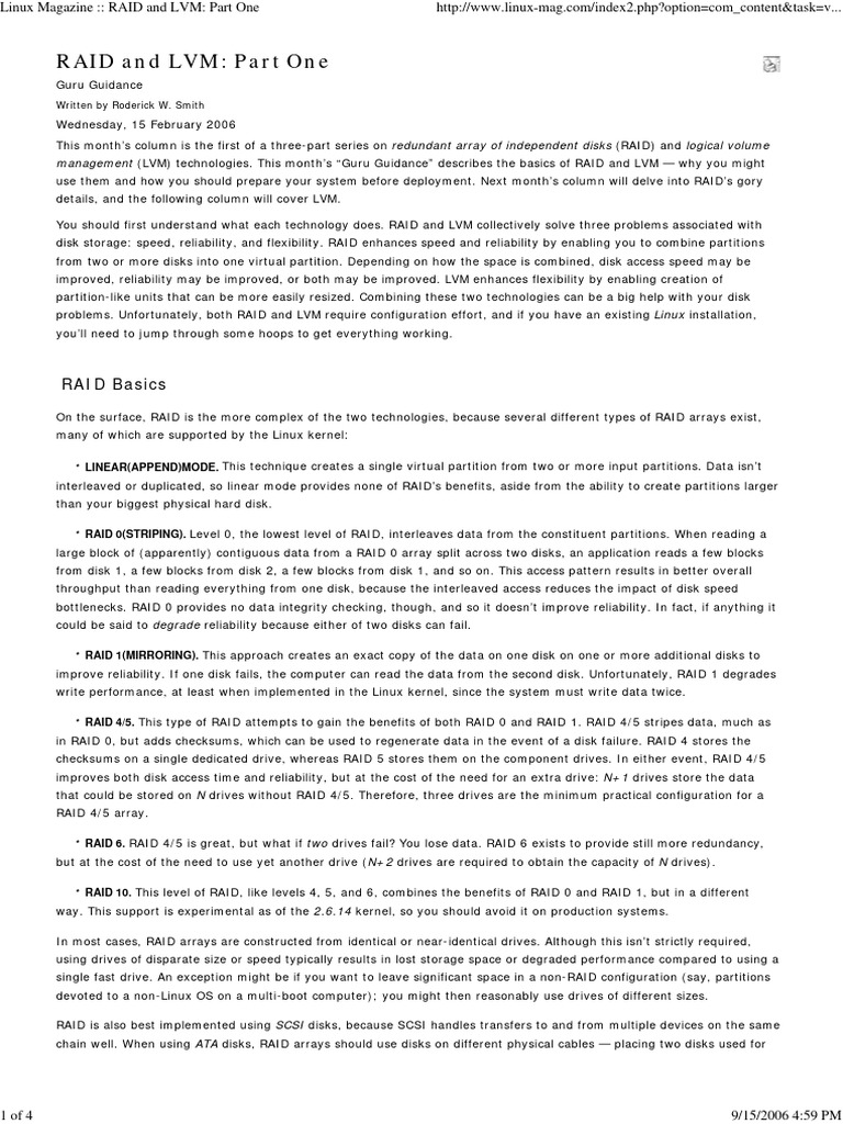 Linux Magazine - RAID and LVM - Part One | PDF | Hard Disk Drive | Booting