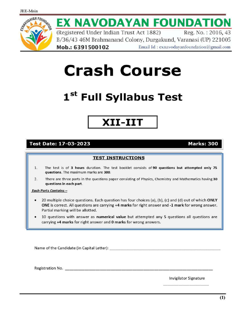 Crash Course Full Syllabus (XII IIT) | PDF