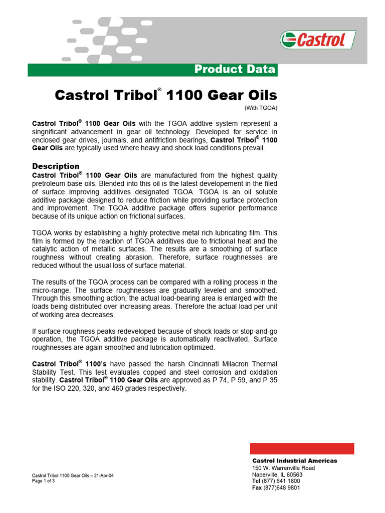 Castrol_Tribol_1100_Series_Gear_OIls_PDS | PDF | Gear | Bearing ...