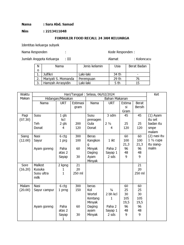 Formulir Food Recall 24 Jam Keluarga | PDF