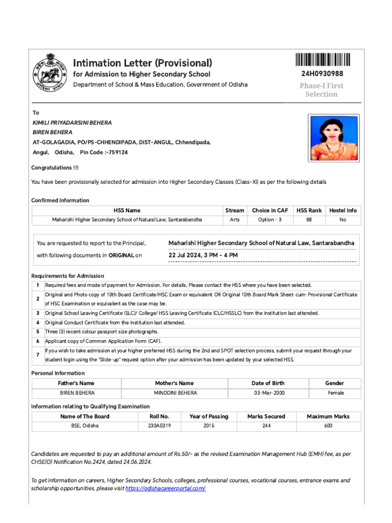 Intimation | PDF | University And College Admission | Educational Stages