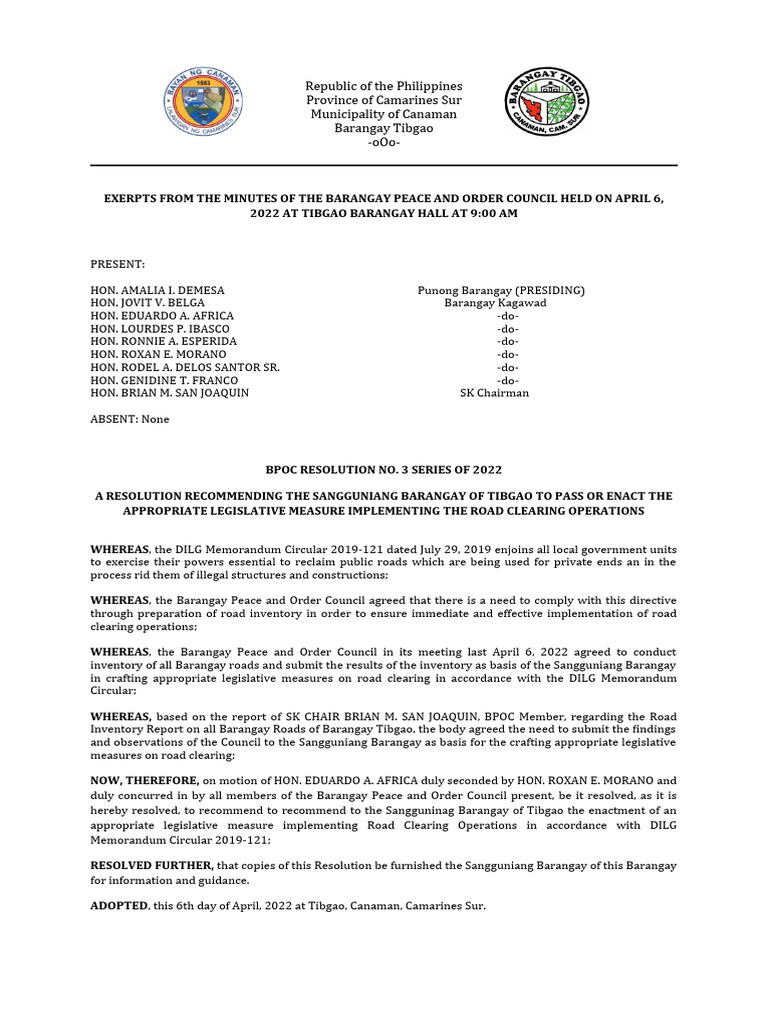 3 BPOC Resolution Re Road Clearing | PDF | Government | Justice