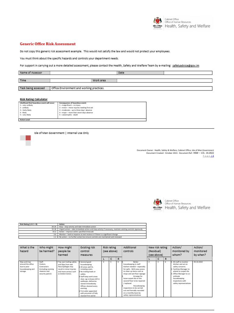Generic Office Risk Assessment | PDF | Risk | Housekeeping