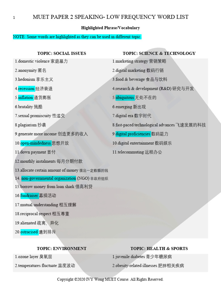 MUET Speaking - Low Frequency Word List | PDF