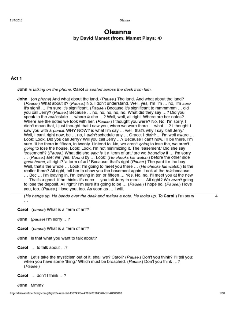 Oleanna Play Analysis and Overview | PDF | American Fiction | Theatre