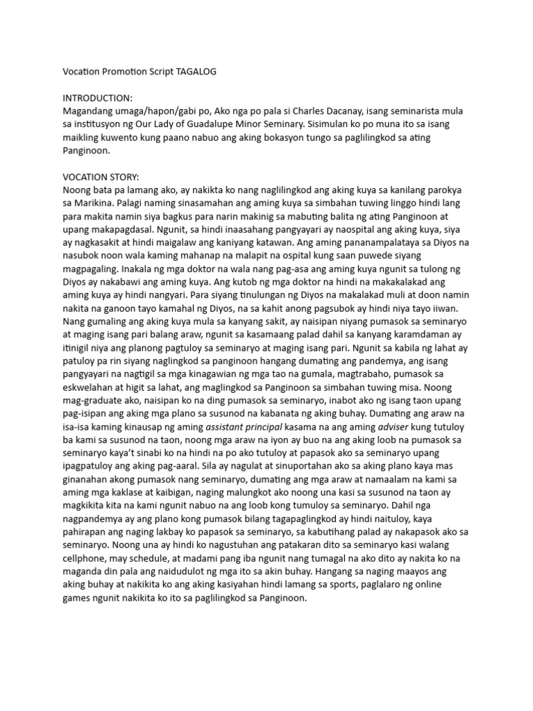 Vocation Promotion Script TAGALOG | PDF
