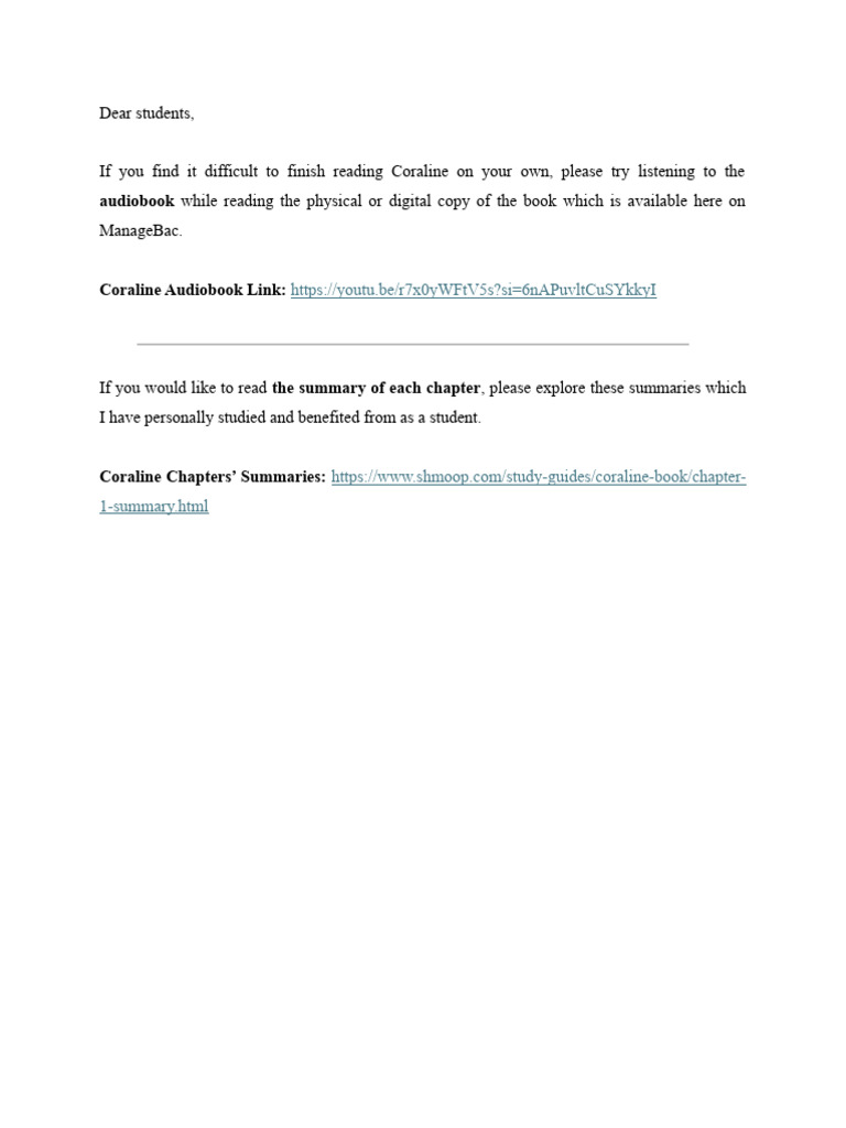 Coraline Audiobook and Chapter Summaries | PDF