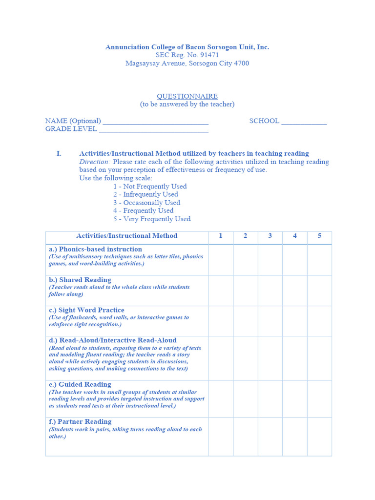 Teacher Questionnaire - Edit.revised | PDF | Cognition | Written ...