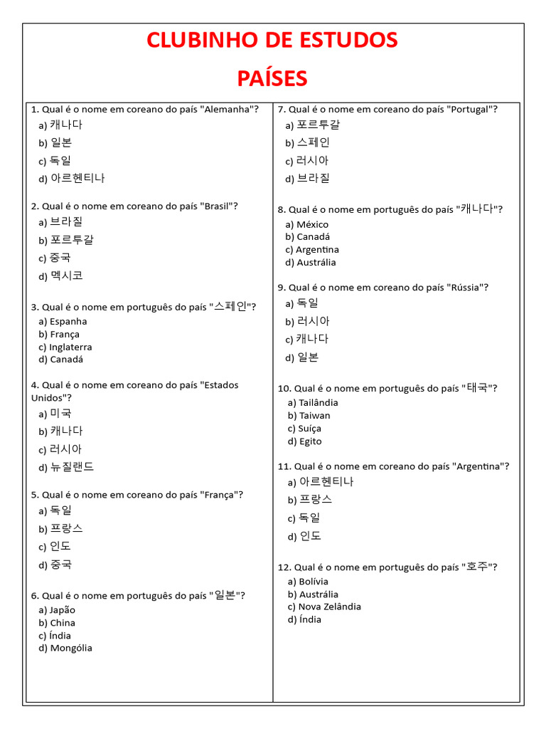 Quiz de Países em Coreano e Português | PDF | Coreia do Sul | Política ...