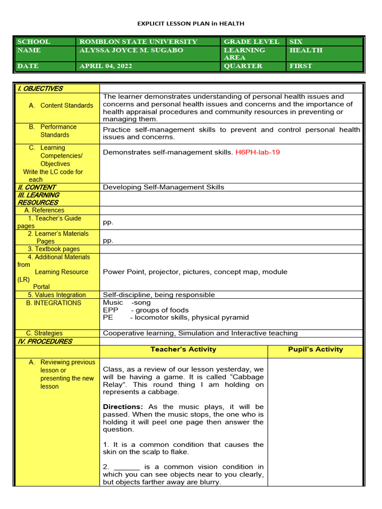 EXPLICIT LESSON PLAN in HEALTH 6 | PDF | Oral Hygiene | Hygiene