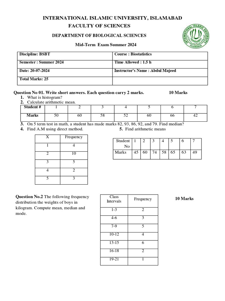 Mid Term Summer Biostatistic | PDF