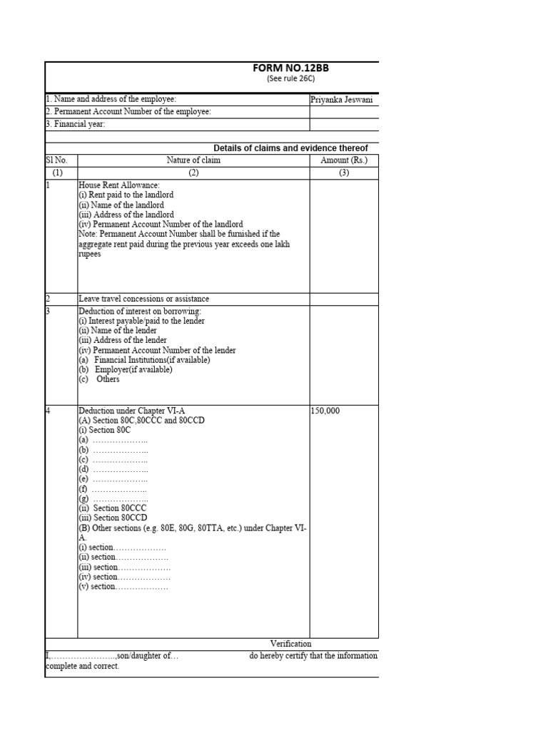 Form 12BB Format Investment Declaration | PDF | Personal Finance | Taxes