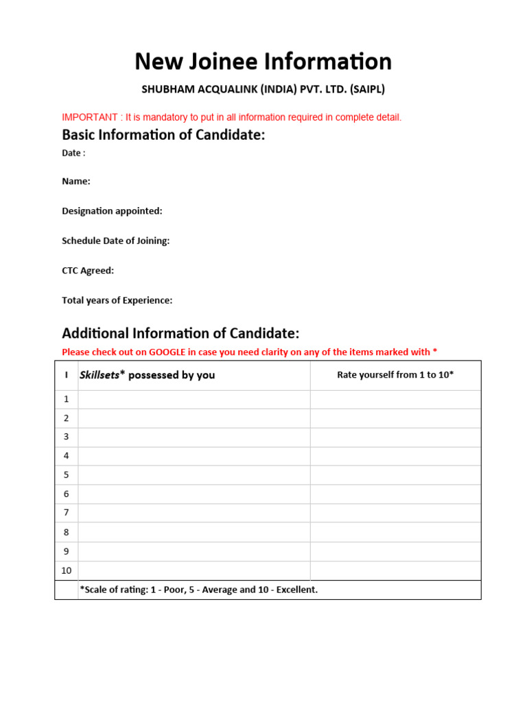 New Joinee Information Form | PDF