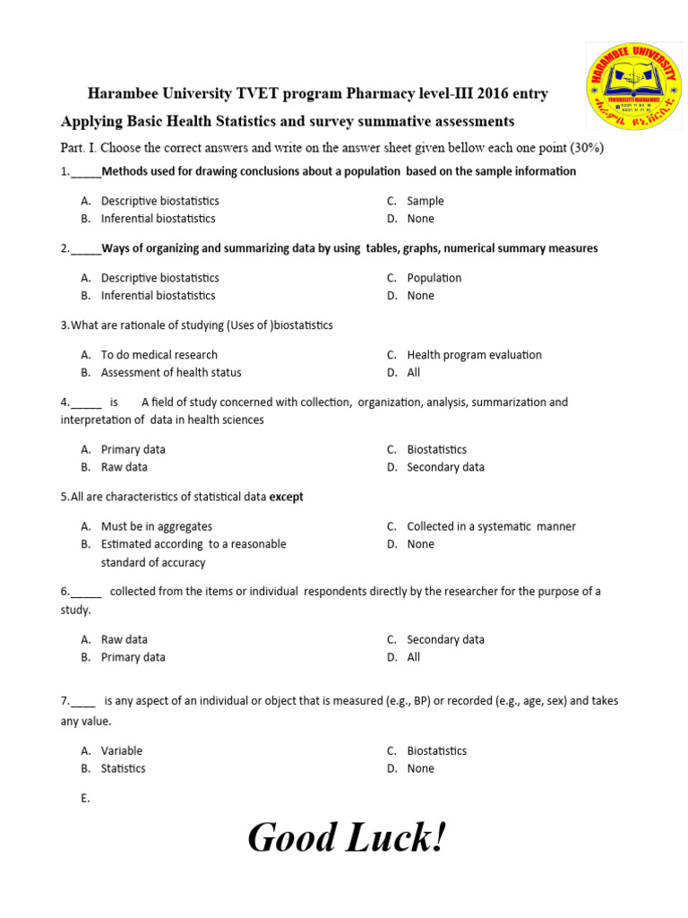 Biostatistics Final Assessments For 2015 Entry Pharmacy | PDF | Level ...