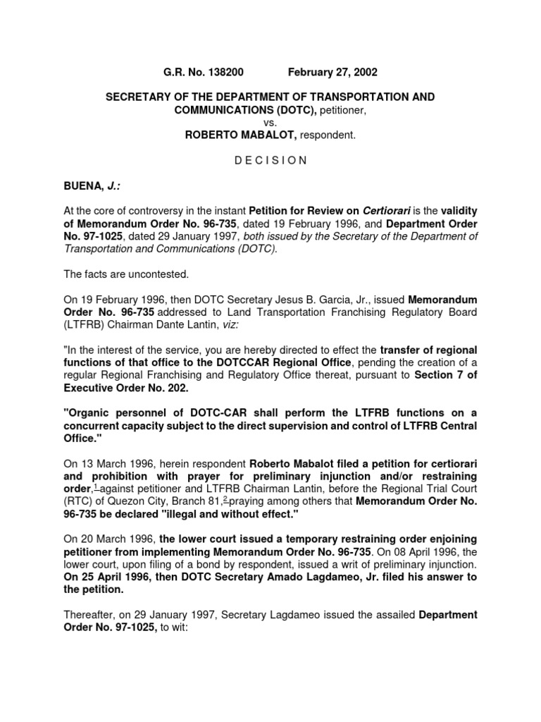 Secretary of Dotc V Mabalot Full Case | PDF | Presidents Of The United ...
