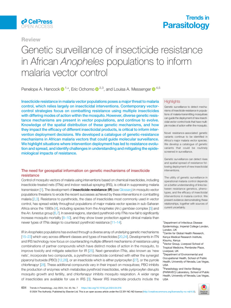 Genetic Surveillance of Insecticide Resistance in | PDF | Malaria | Ddt