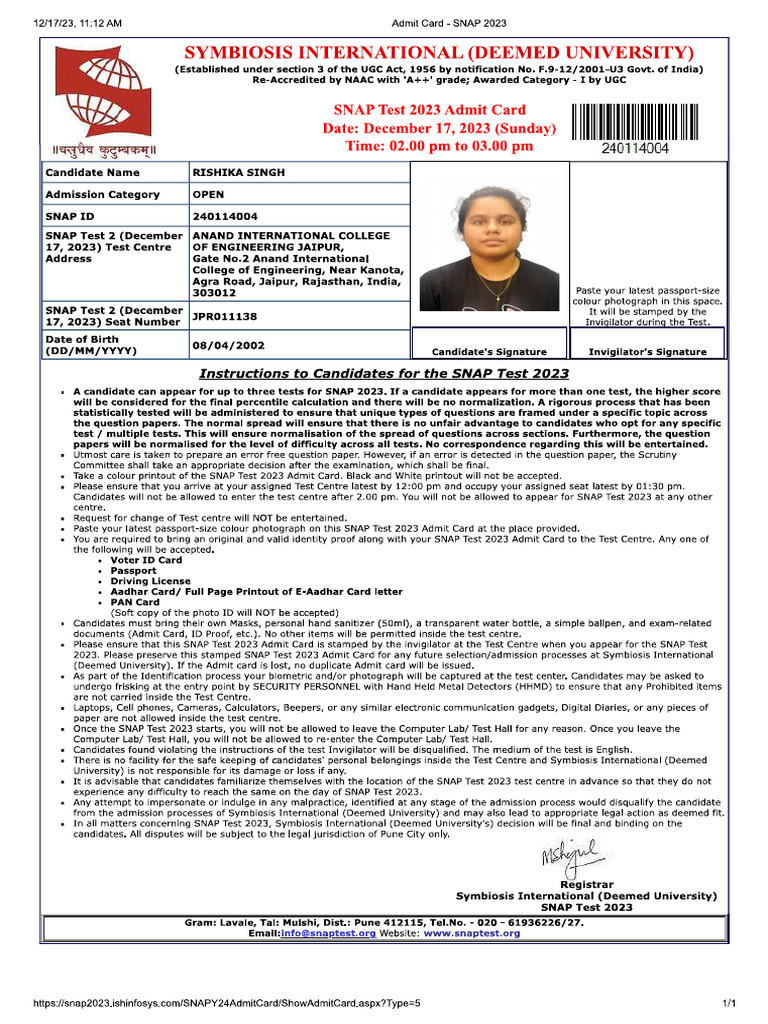 Rishu Admit Card - SNAP | PDF