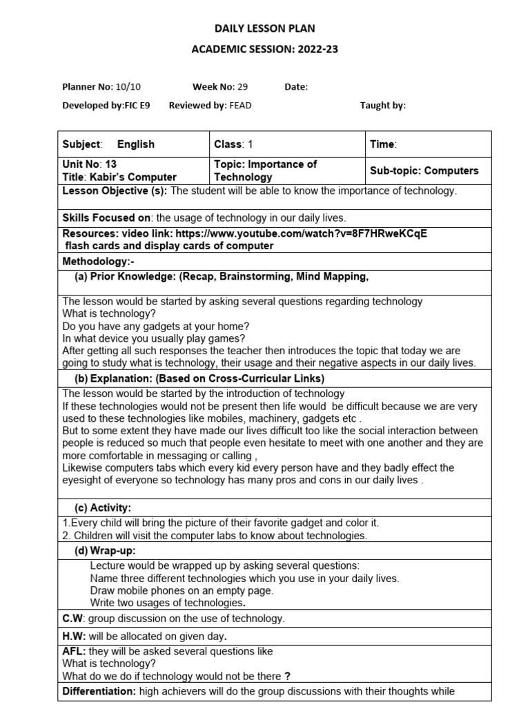 Lesson Plan: Importance of Technology | PDF | Learning | Human ...