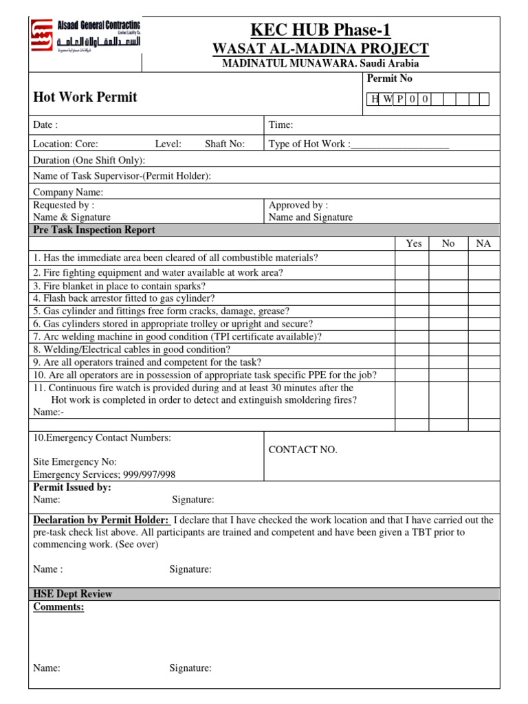 Hot Work Permit Form | PDF | Industrial Processes | Safety