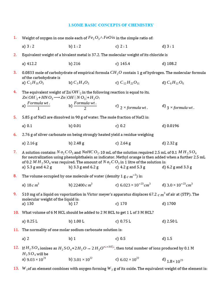 1 SOME BASIC CONCEPTS OF CHEMISTRY-Questions | PDF | Mole (Unit ...