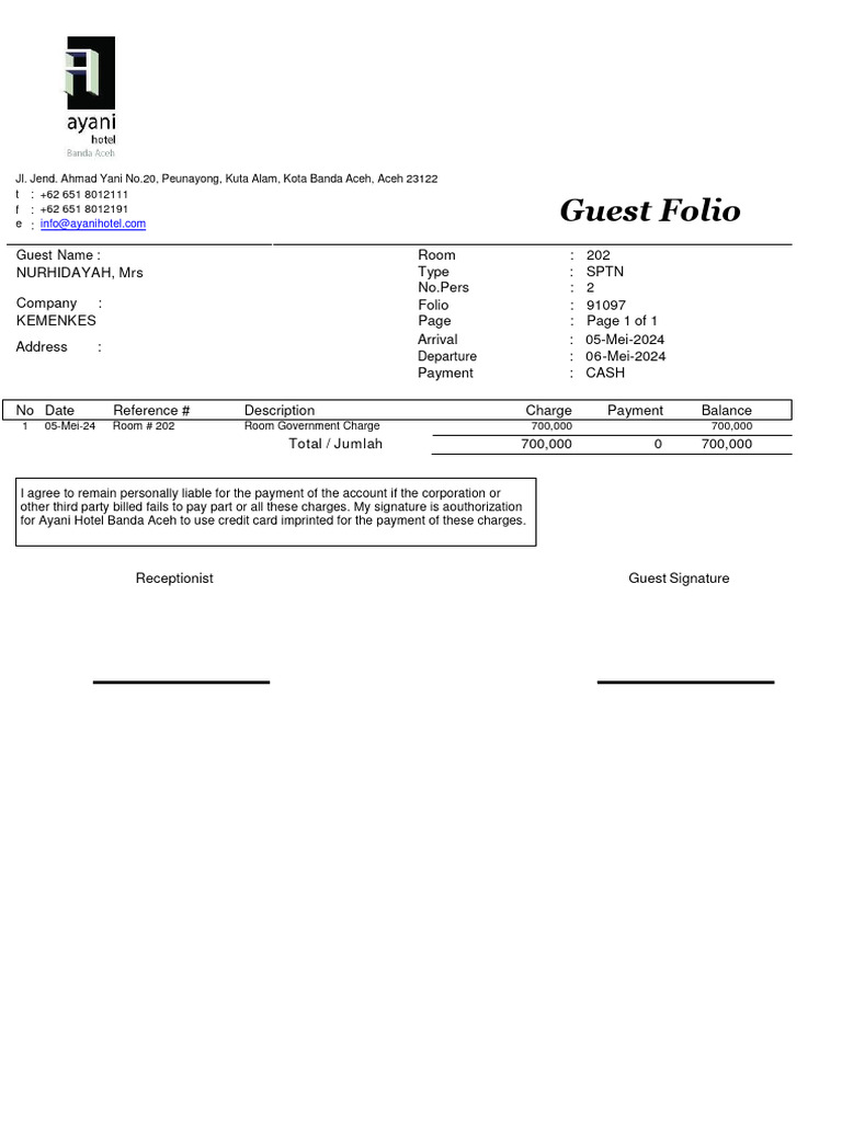 Guest Folio KEMENKES 05-06 Mei 2024 | PDF | Credit Card | Payments