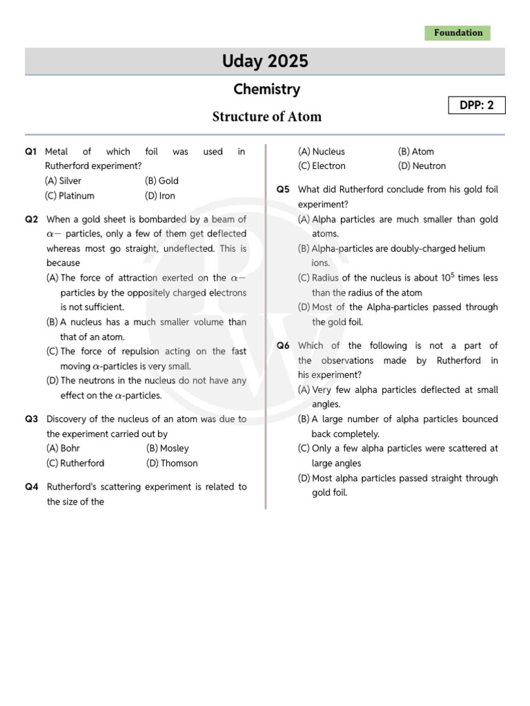 Structure Of Atom Dpp 02 Of Lecture 03 Uday 2025 Pdf Atoms