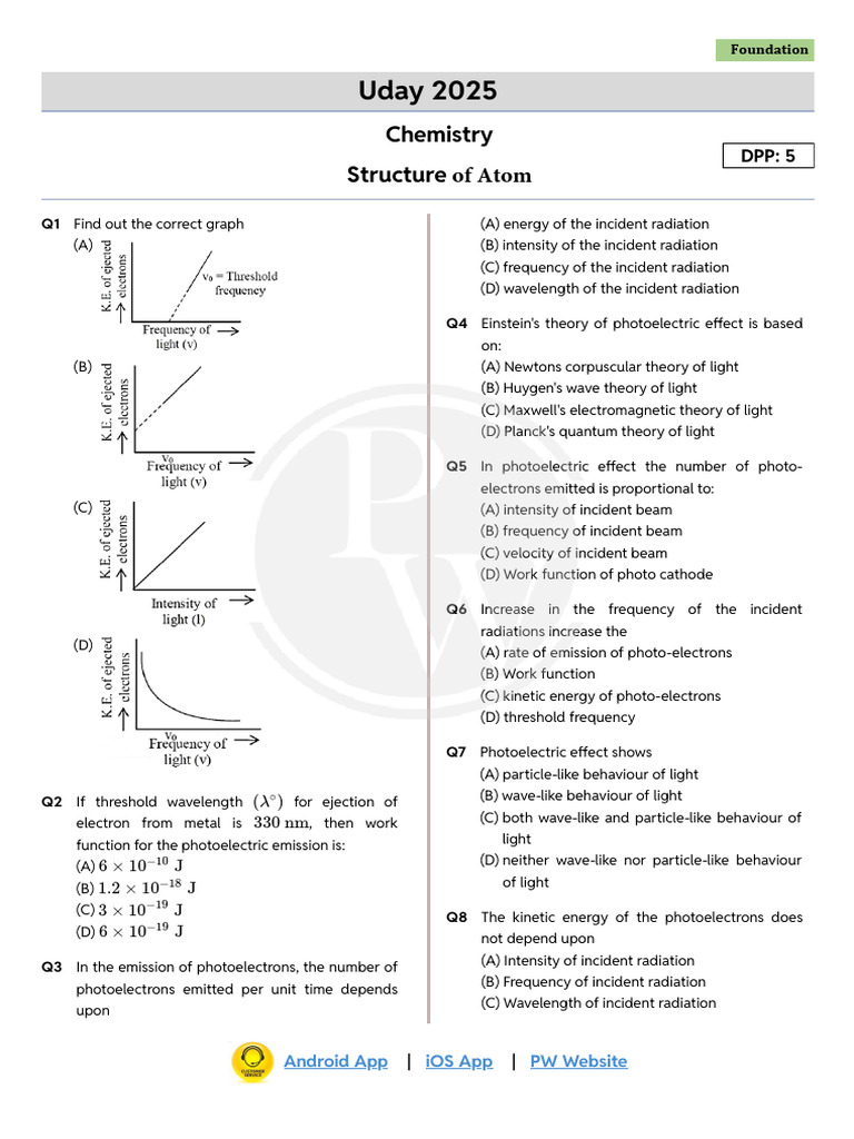 Structure of Atom - DPP 05 (Of Lecture 08) - Uday 2025 | PDF | Photoelectric Effect ...