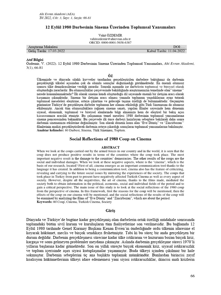 12 Eyl - L 1980 Darbesinin Sinema - Zerinden Toplumsal Yans - Malar - (#1089205) - 2315277 | PDF