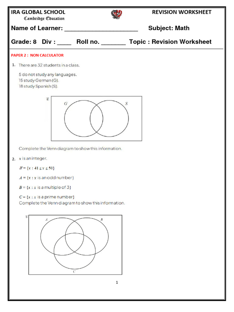 Grade 8 Math Revision Worksheet | PDF | Worksheet | Mathematics