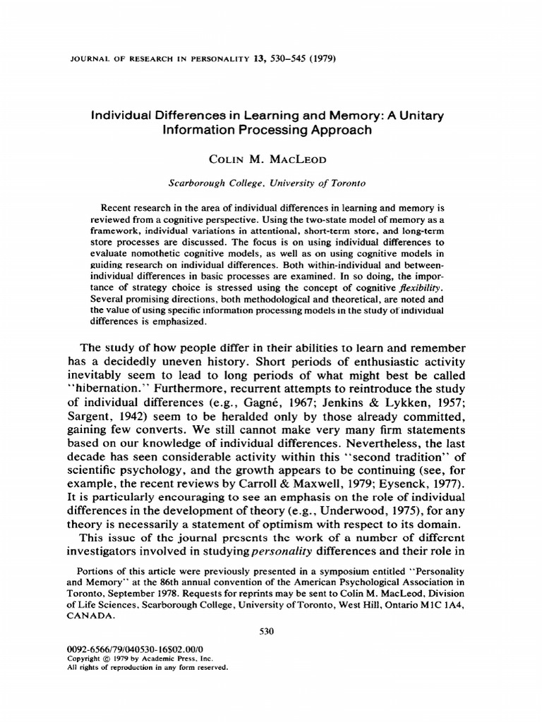 1 Individual Differences | PDF | Memory | Attention