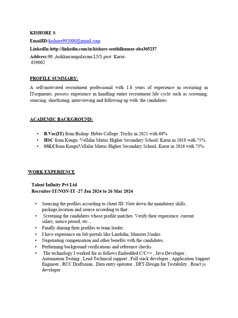 Kishore S CV | PDF | Recruitment | Linked In