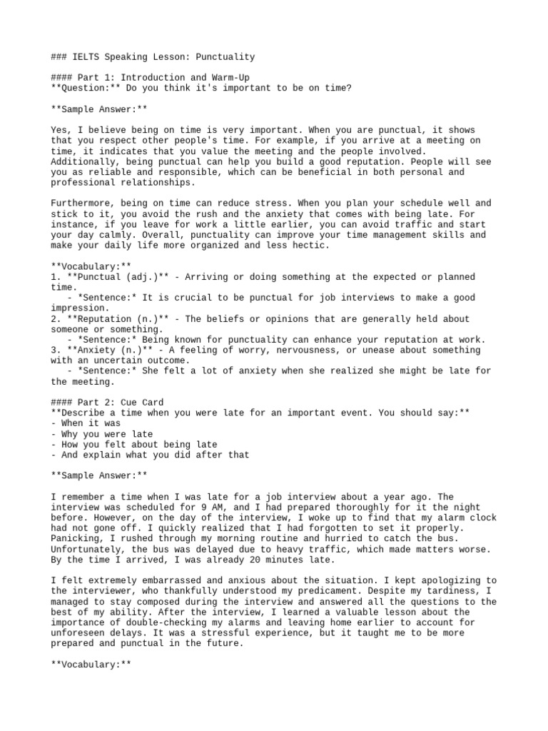 IELTS Speaking Lesson Punctuality | PDF | Anxiety | Job Interview