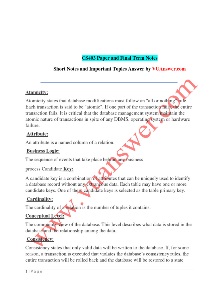 CS403 IMP Notes For Final | PDF | Databases | Sql CS403 IMP Notes For Final | PDF | Databases | Sql