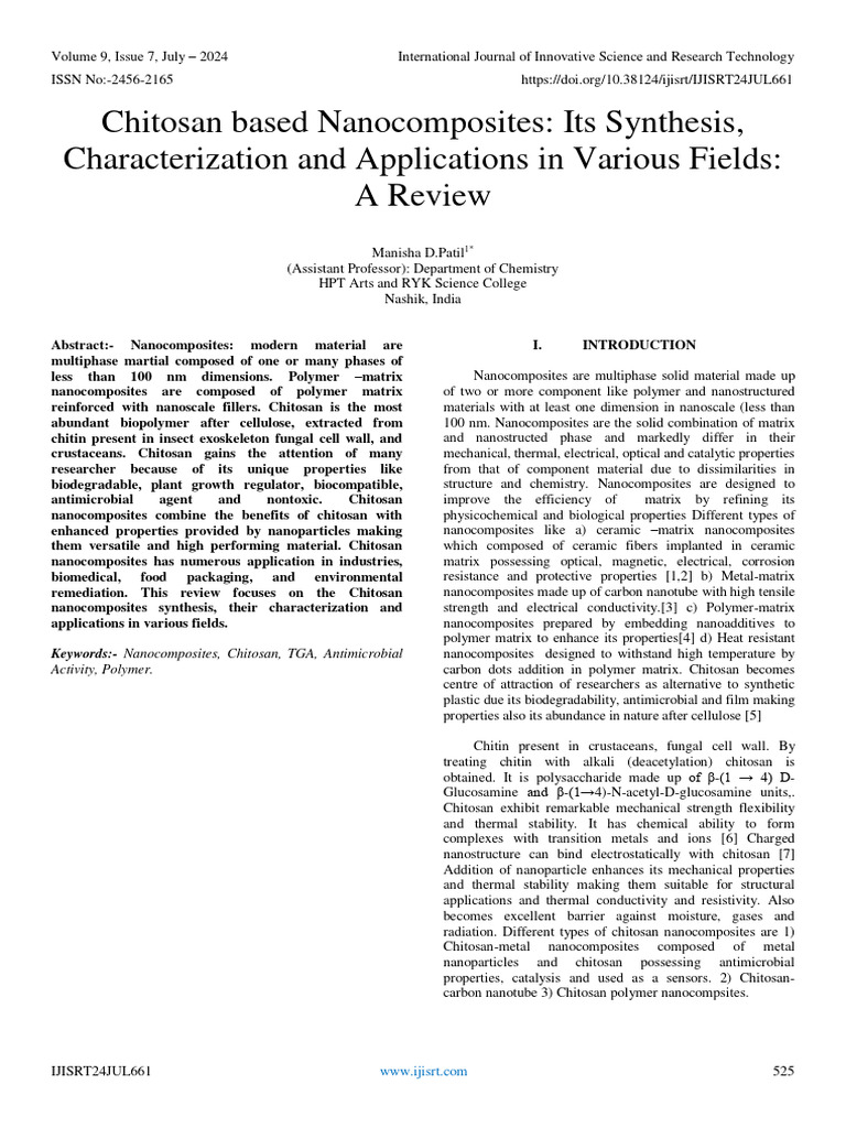 Chitosan Based Nanocomposites: Its Synthesis, Characterization and ...