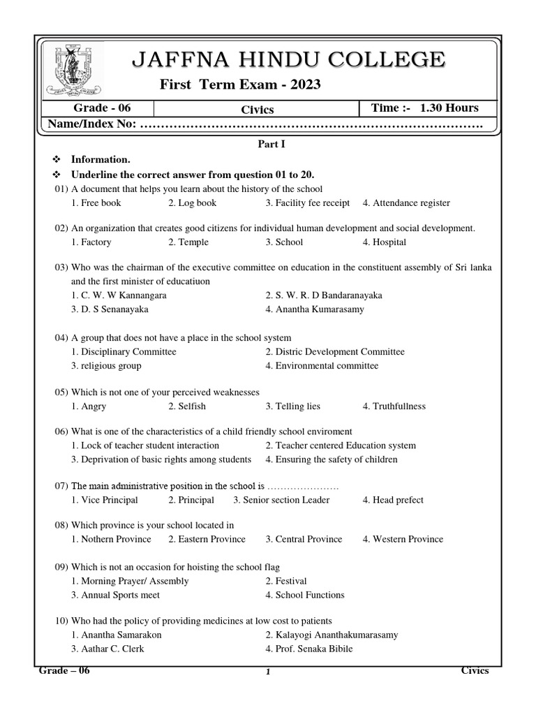 Grade 6 Civics Exam Paper 2023 | PDF | Schools