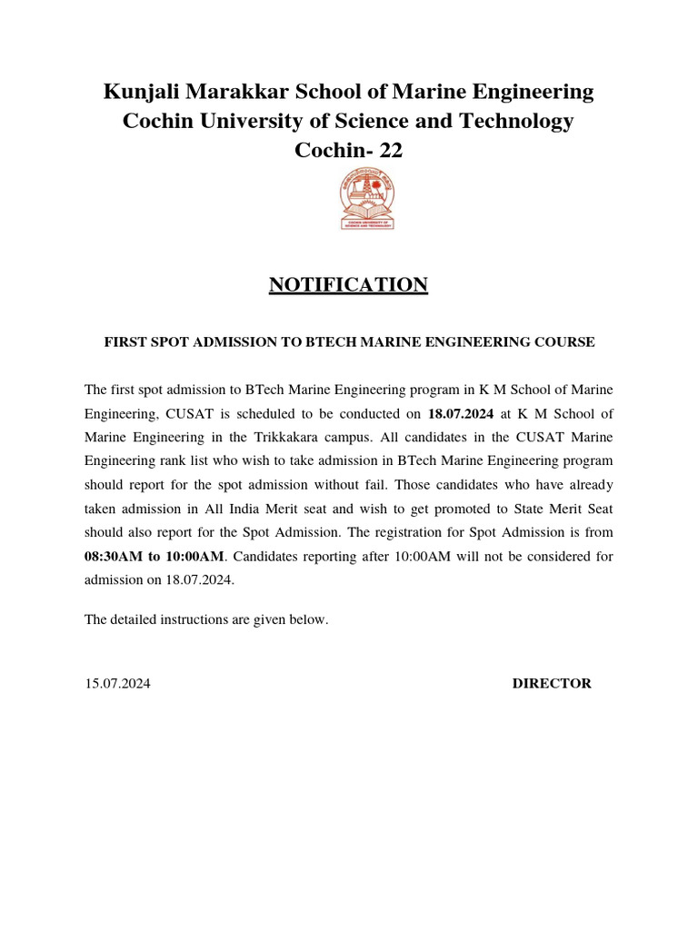 CUSAT BTech Marine Engineering Spot Admission | PDF