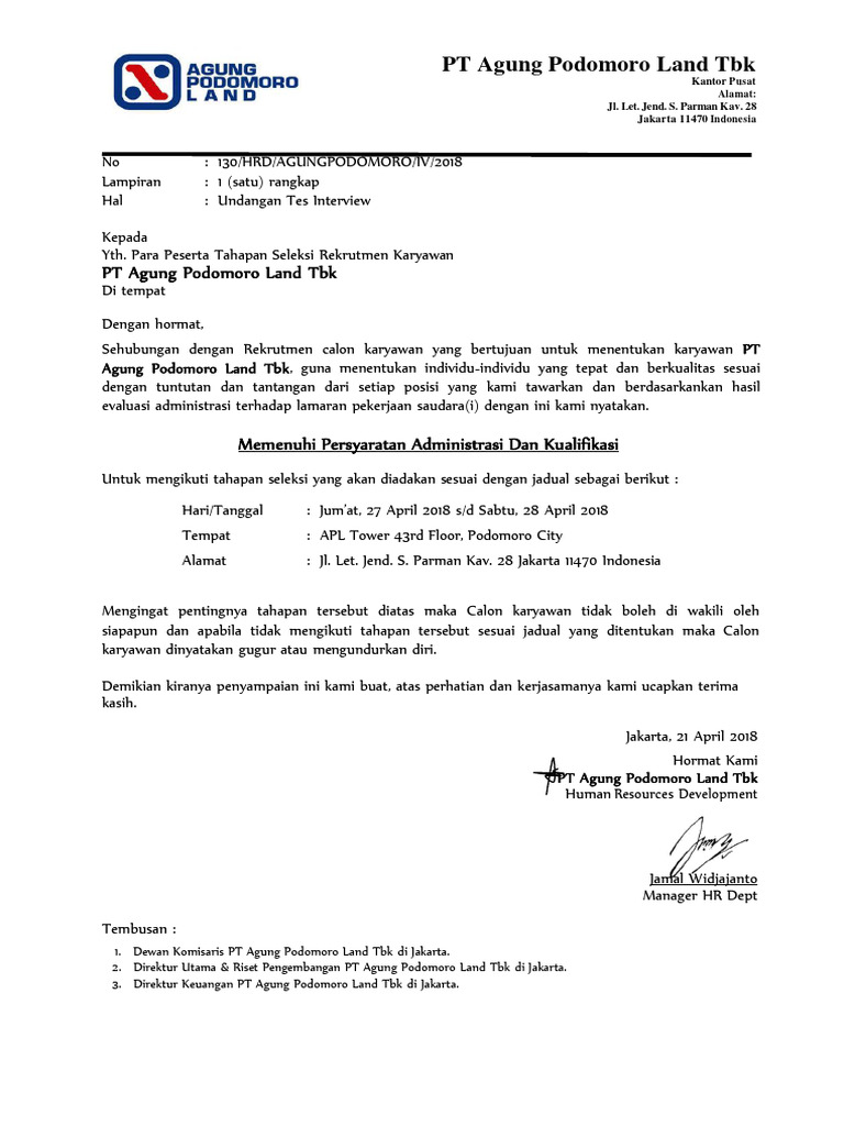 Undangan Tes Interview Karyawan AP Land | PDF
