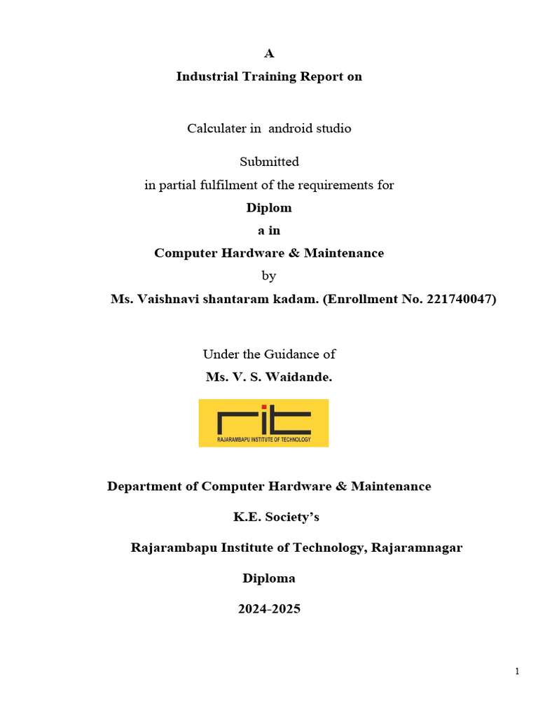 Calculater in Android Studio Submitted in Partial Fulfilment of The ...