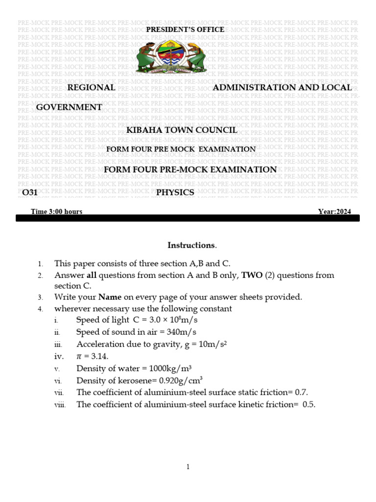 Physics Form 4 Pre Mock | PDF | Gases | Force