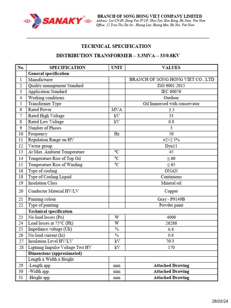 3300kVA - 33-0.8kV-Dyn11-Conservator Type | PDF | Transformer ...