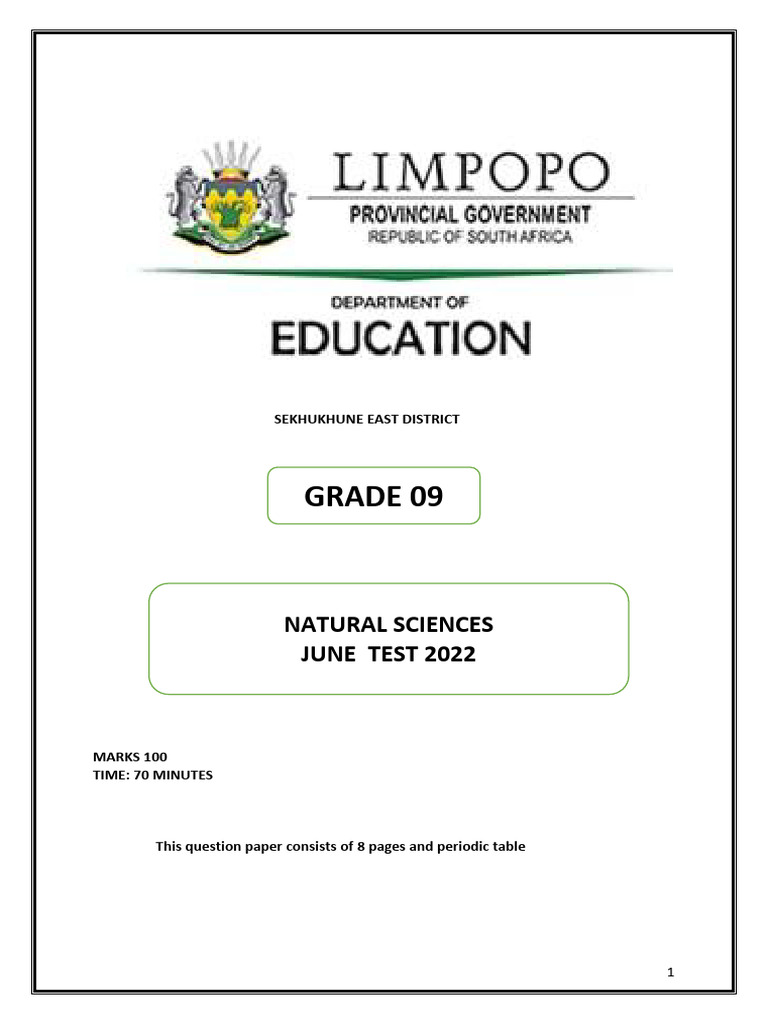 Grade 9 Natural Sciences June Test 2022 | PDF | Acid | Chemical Reactions