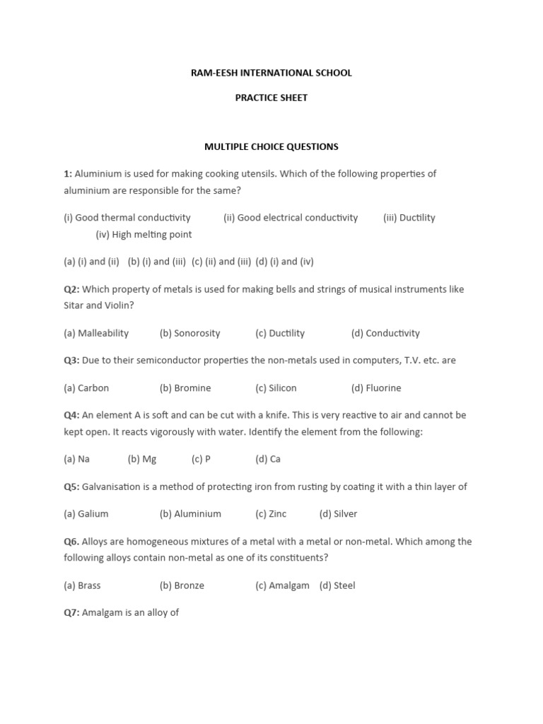 Practice Sheet Metals and Non Metals | PDF | Art | Science & Mathematics