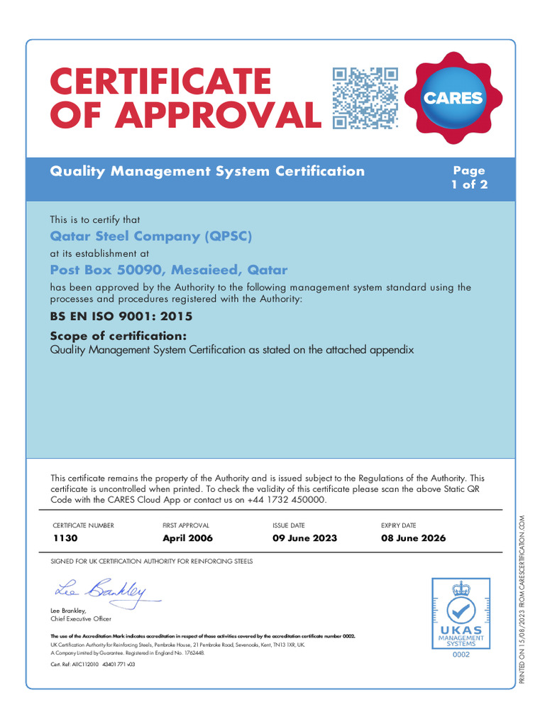 CARES Quality Management Systems Certificate ISO 9001 2015 1 | PDF | Iso 9000 | Quality ...