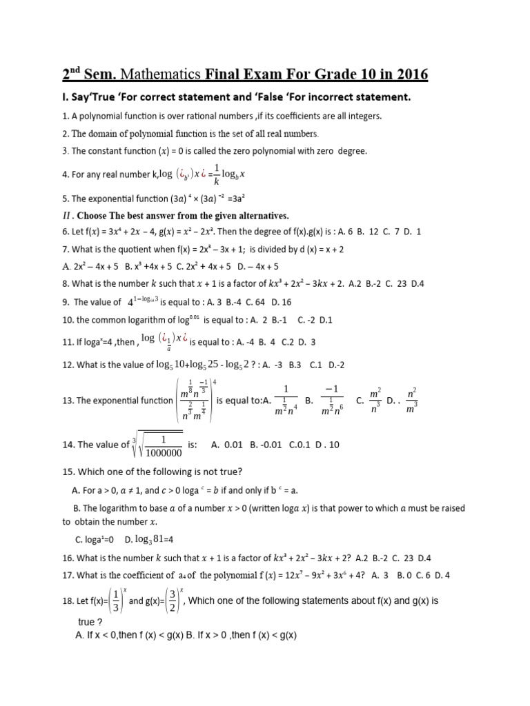 2nd Sem 10gr Final 2016 | PDF | Function (Mathematics) | Logarithm