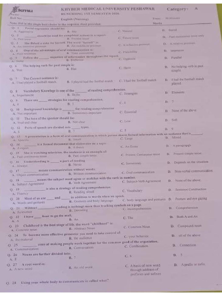 English 1st Semester BSN Past Paper 2021, Educational Platform | PDF