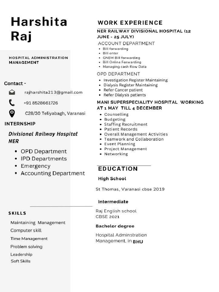 Harshita Raj - Resume - Hospital Admin | PDF
