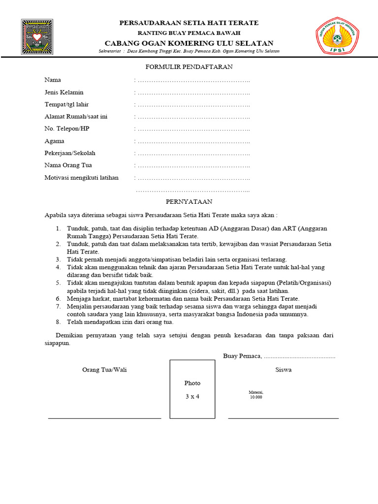 Formulir PSHT 2024 Buay Pemaca Bawah | PDF