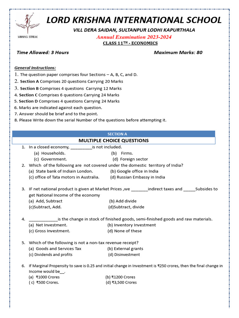 Class 11 Economics Exam Paper 2023-24 | PDF | Consumption (Economics ...